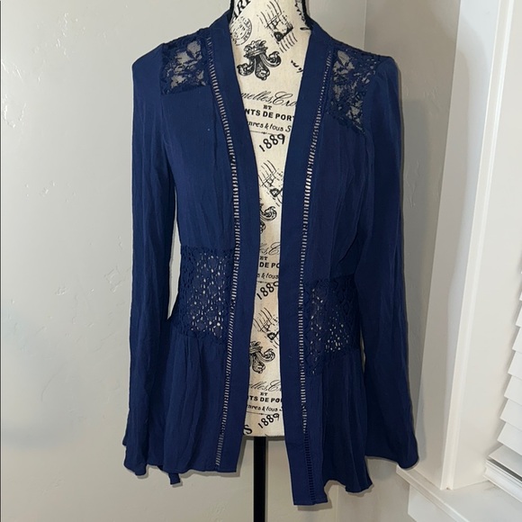 Knox Rose | Sweaters | Knox Rose Blue Duster Cardigan With Lace Cut ...